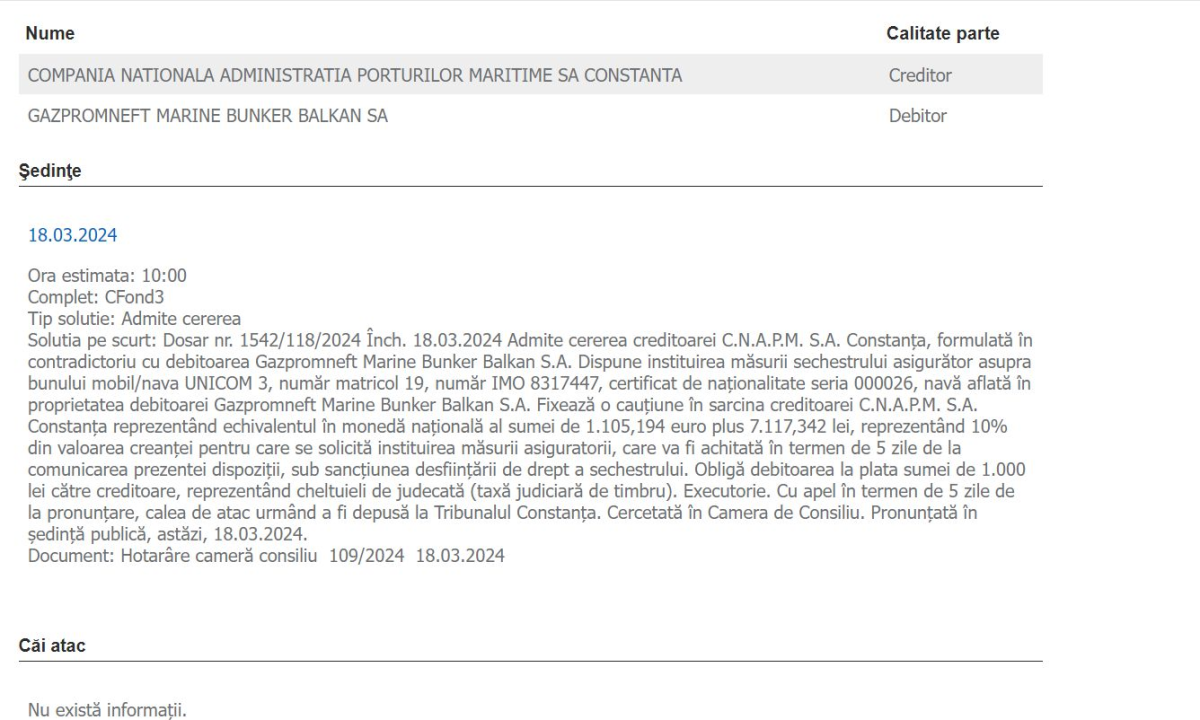 Gazprom se judecă cu Administrația Portului Constanța și cu mai multe ...