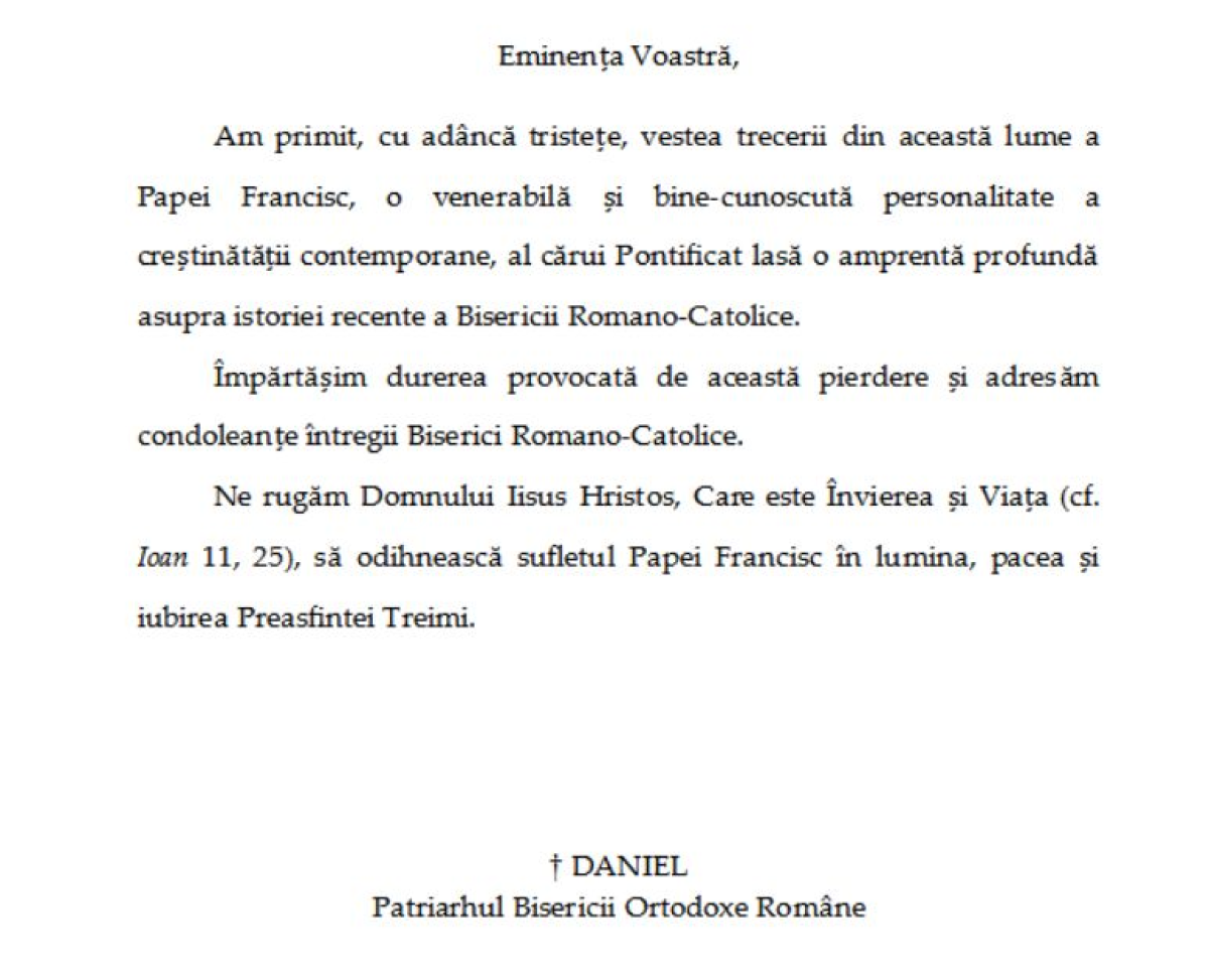 Preafericitul Părinte Patriarh Daniel, scrisoare către Vatican după ...