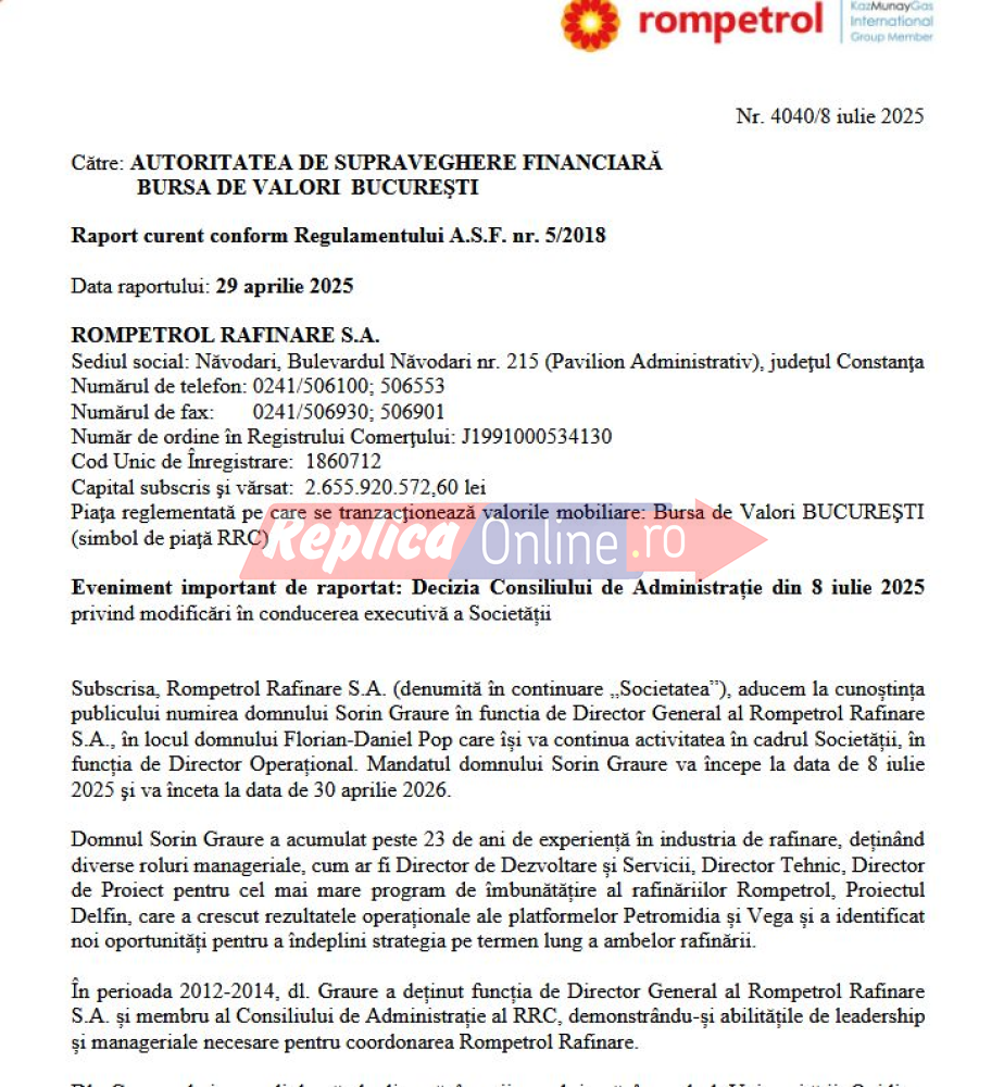 Constănțean numit la conducerea Rompetrol Rafinare SA. Vezi cine ...