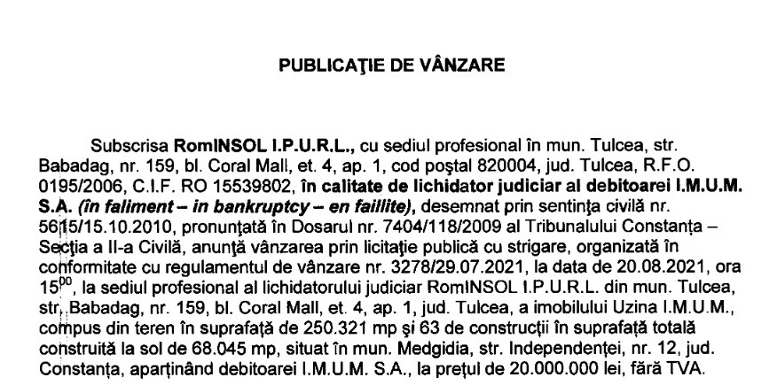 IMUM Medgidia, VÂNDUTĂ la LICITAȚIE cu 4 MILIOANE de EURO ...